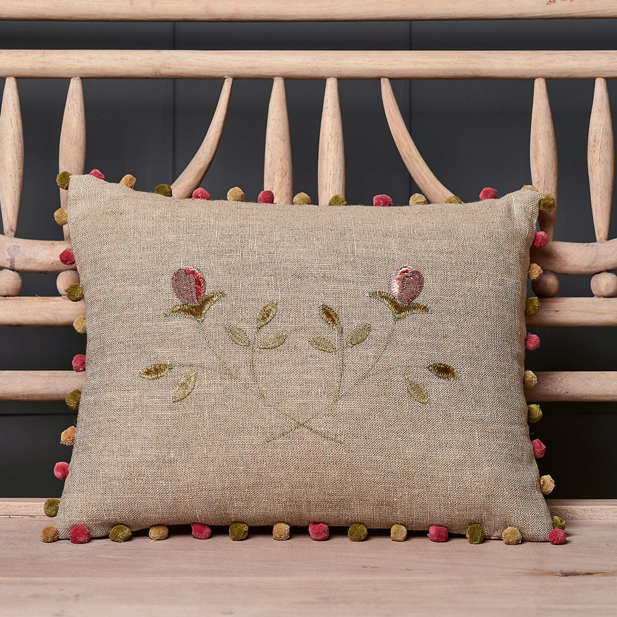 Embroidered Crossed Rosebuds Rustic Linen Cushion | Susie Watson Designs