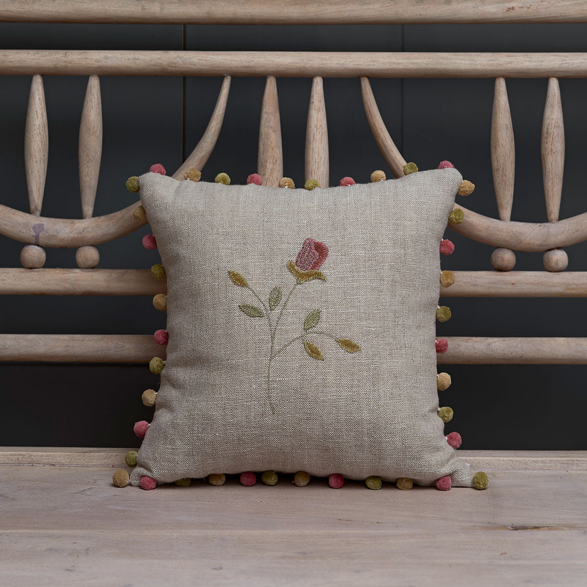 Embroidered Rosebud Rustic Linen Cushion | Susie Watson Designs