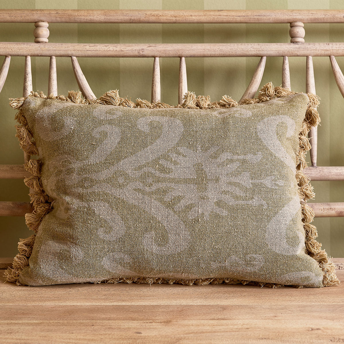 Green Gold Sacha Rustic Linen Cushion with Tassels – Susie Watson Designs