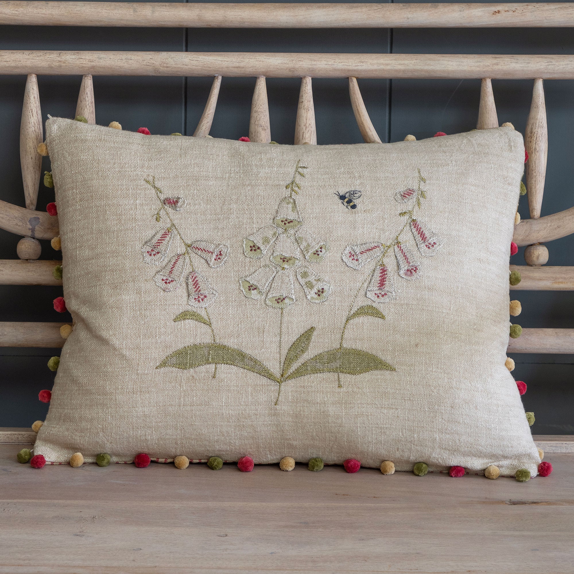 Embroidered White Foxgloves Rustic Linen Cushion – Susie Watson Designs