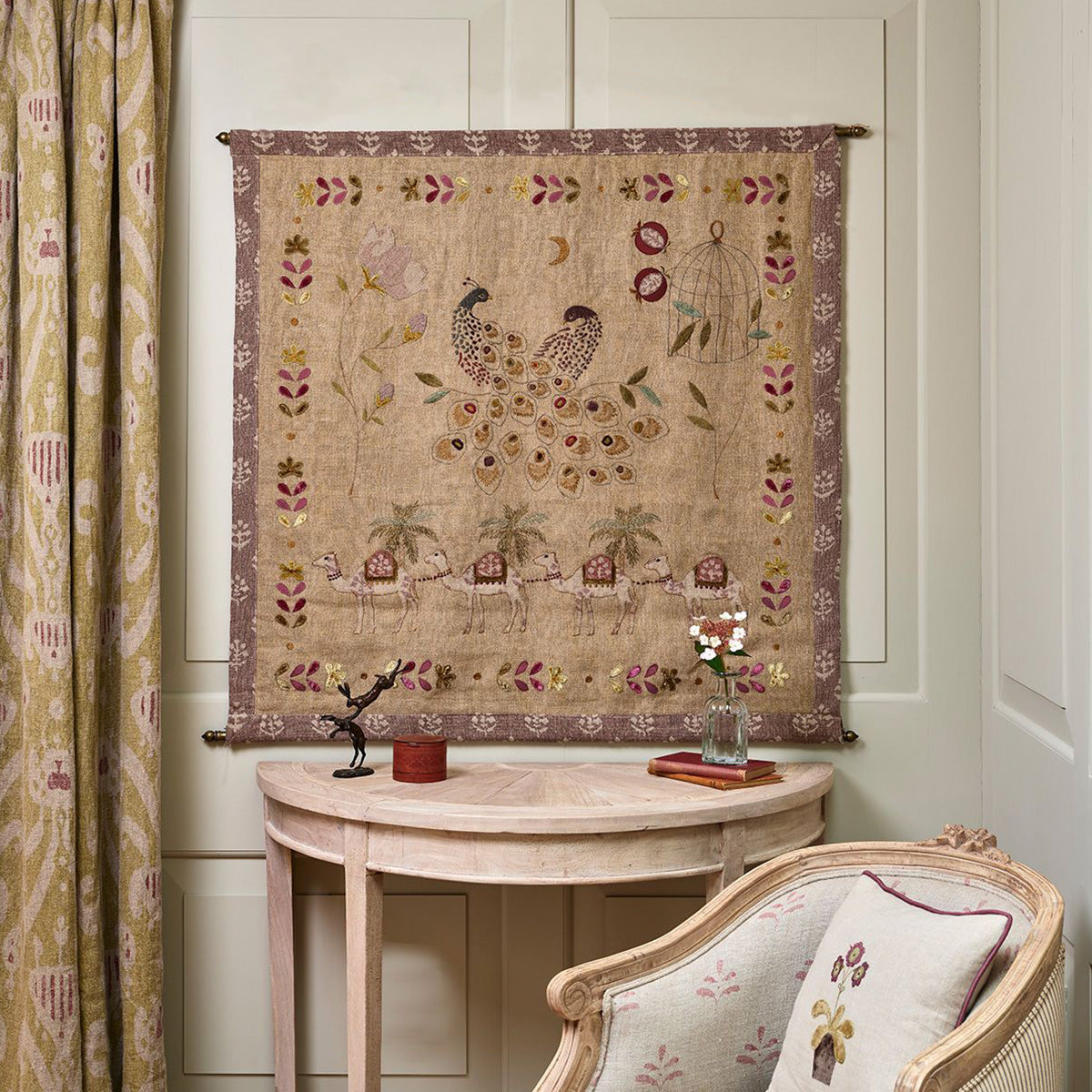 Embroidered Golden Peacocks Wallhanging | Susie Watson Designs