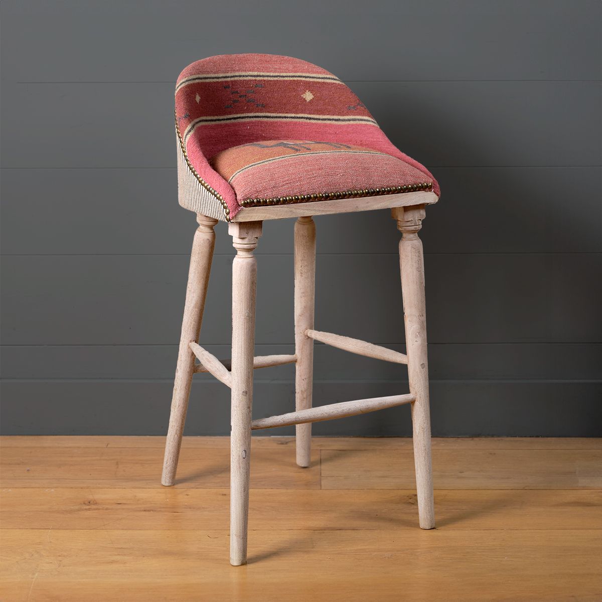 Pushkar Charcoal Kilim Upholstered Bar Stool | Susie Watson Designs