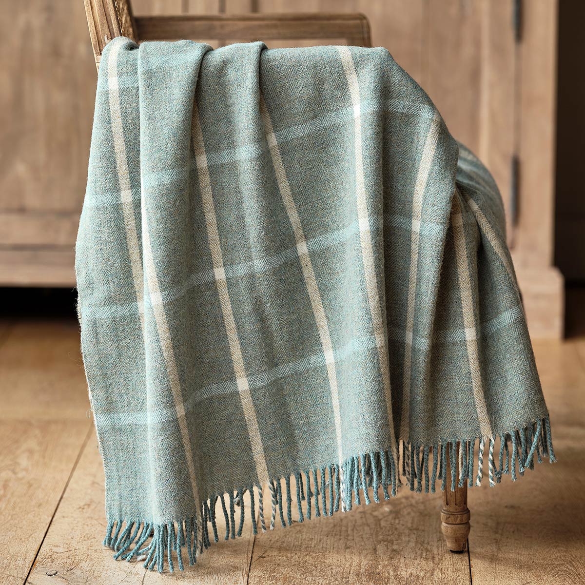 Duck Egg Ivory Check Shetland Wool Throw | Susie Watson Designs