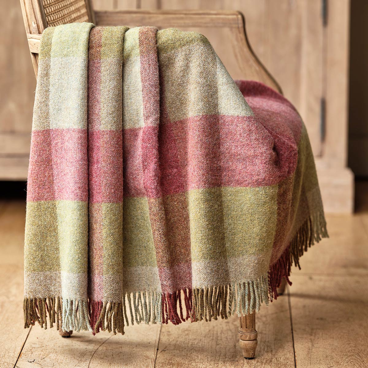 Dusky Rose Olive Harlequin Shetland Wool Throw | Susie Watson Designs