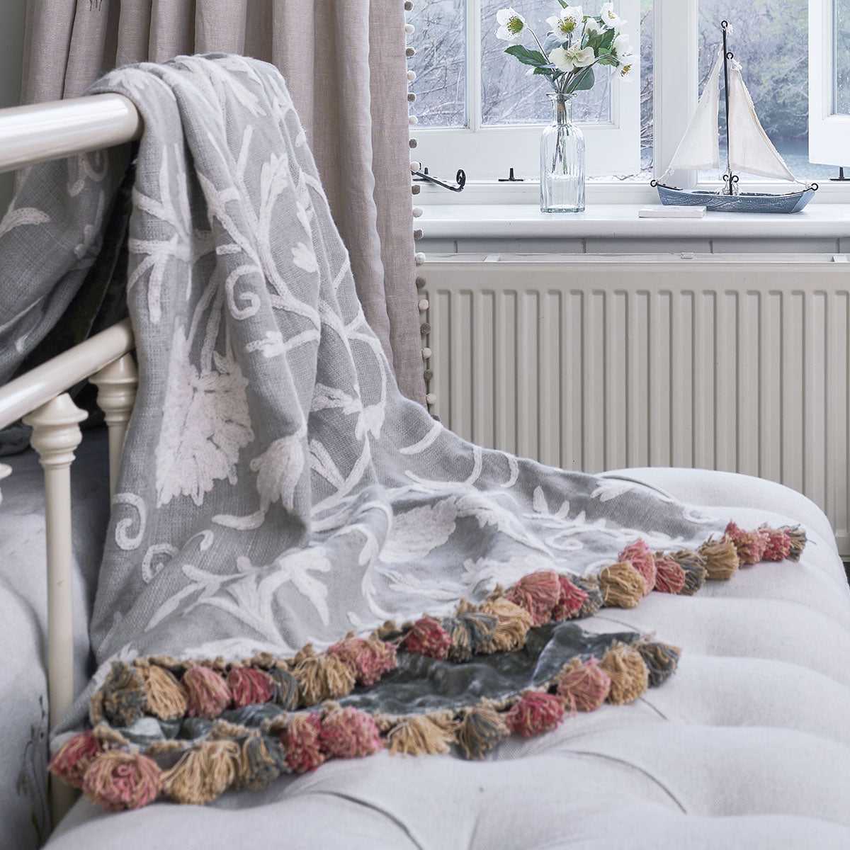 Celadon Crewelwork & Velvet Throw with Tassels | Susie Watson Designs