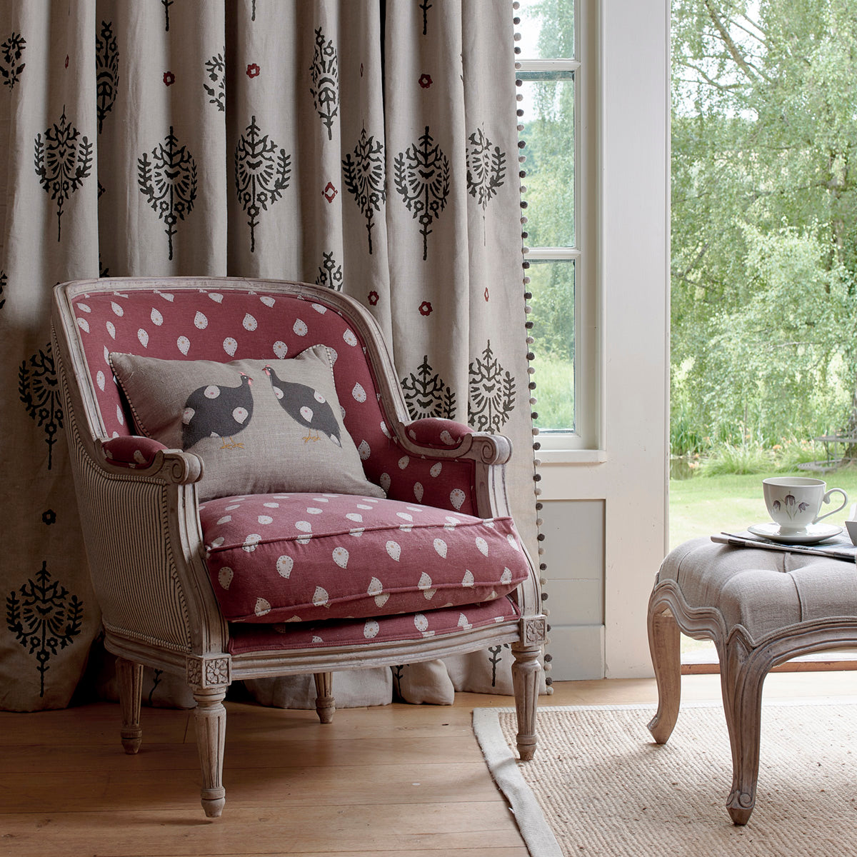 Applique Guinea Fowl Pair Rustic Linen Cushion | Susie Watson Designs