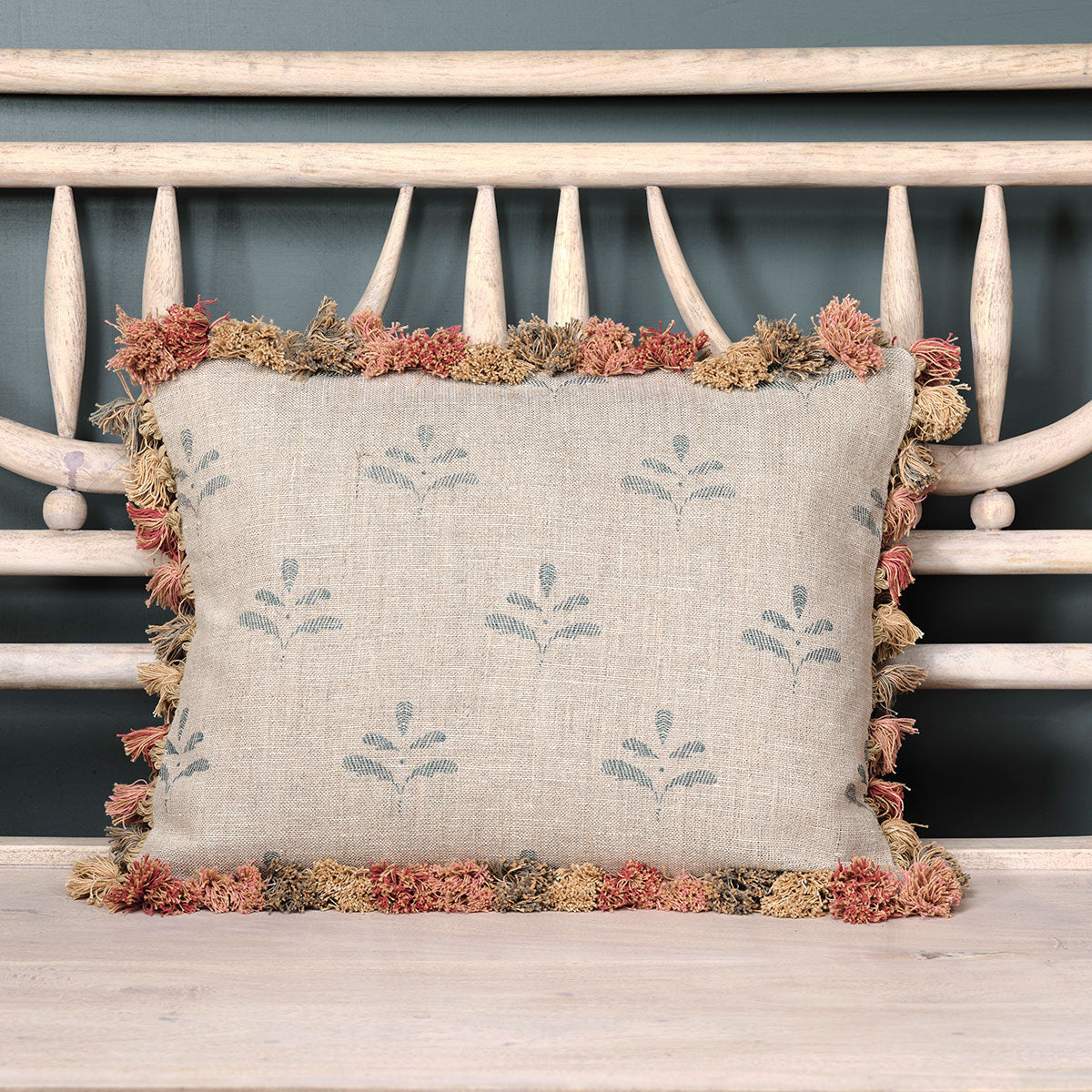 Blue Leaf Rustic Linen Cushion with Tassels | Susie Watson Designs