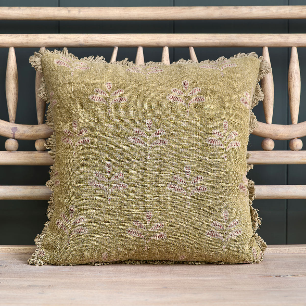 Summer Green Reverse Leaf Rustic Linen Cushion | Susie Watson Designs