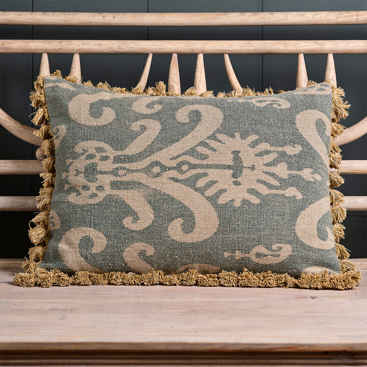 Summer Blue Sacha Rustic Linen Cushion with tassels | Susie Watson Designs
