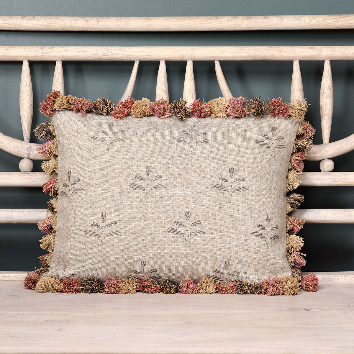 Charcoal Leaf Rustic Linen Cushion with Tassels | Susie Watson Designs