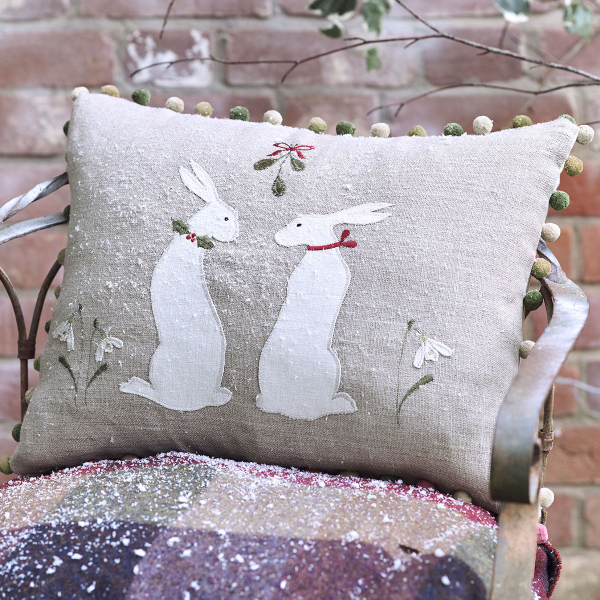 Embroidered Winter Hares Linen Cushion | Susie Watson Designs