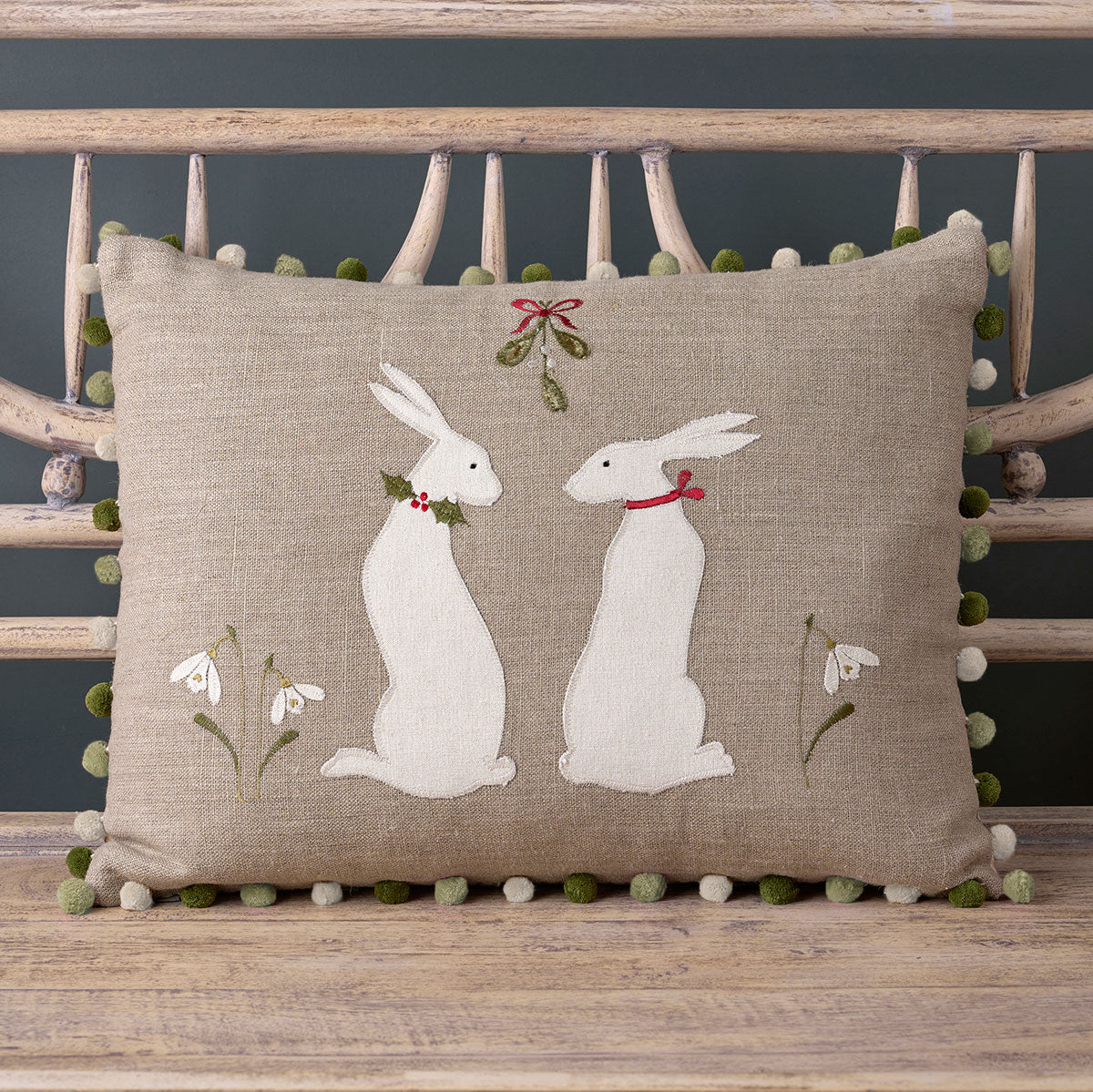 Embroidered Winter Hares Linen Cushion | Susie Watson Designs