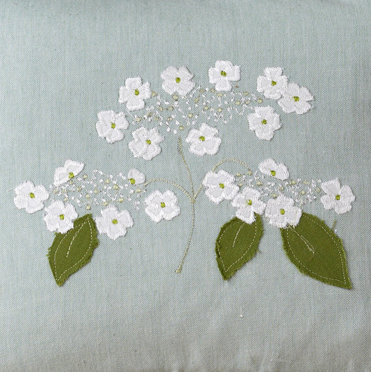 Embroidered Duck Egg Lacecap Hydrangea Cushion | Susie Watson Designs