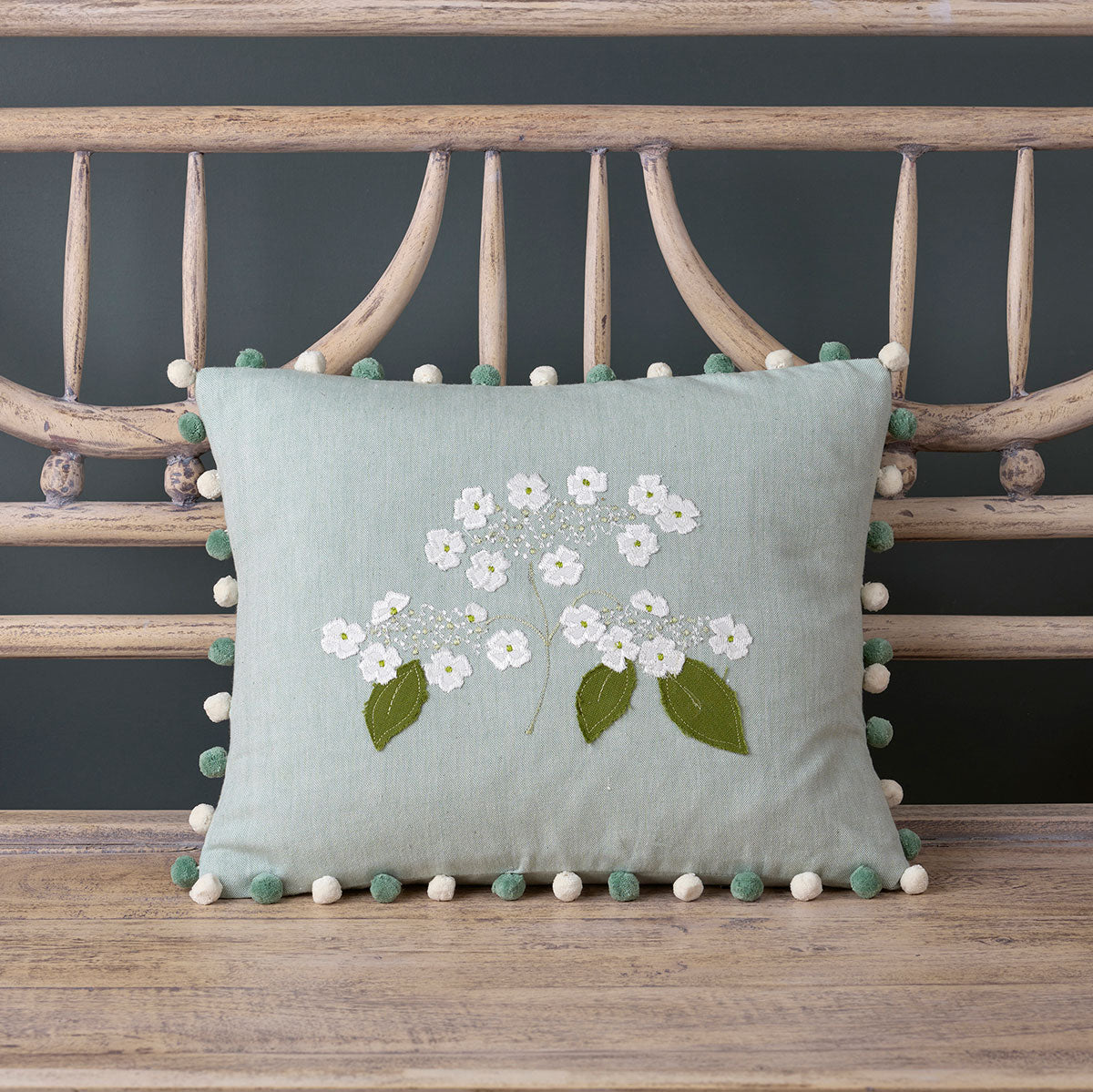 Embroidered Duck Egg Lacecap Hydrangea Cushion | Susie Watson Designs