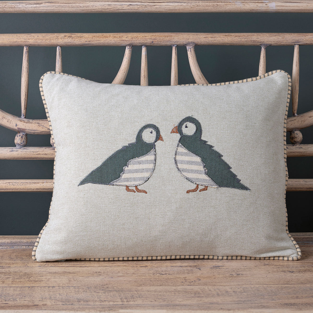 Embroidered Puffins Cushion | Susie Watson Designs