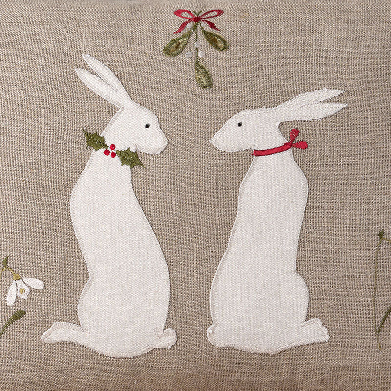 Embroidered Winter Hares Linen Cushion | Susie Watson Designs