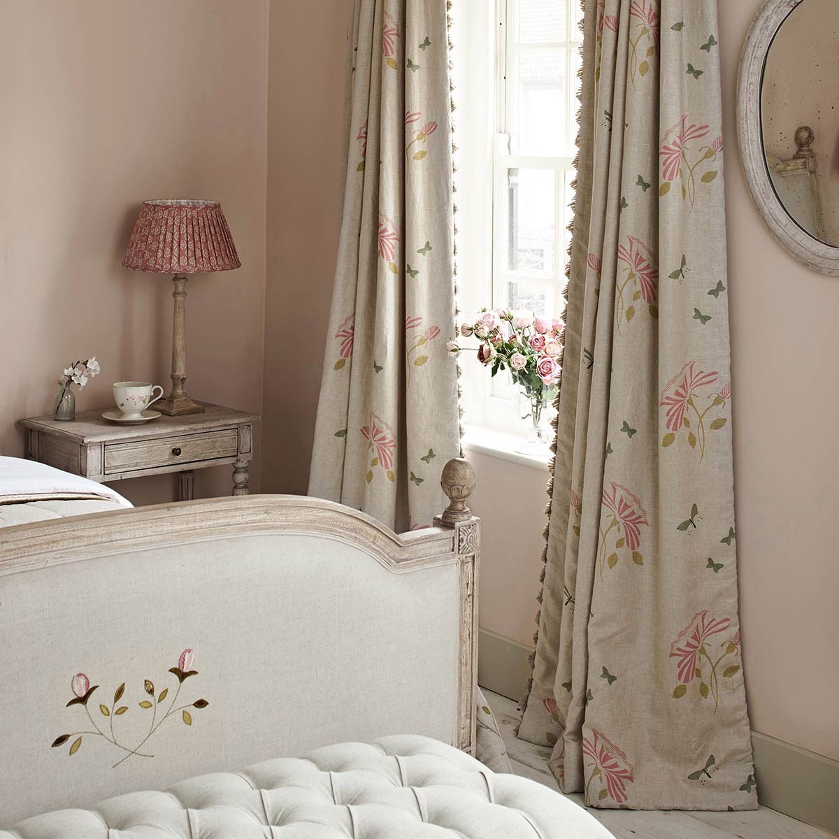 Hand-printed Pink Rose Linen Fabric – 303 | Susie Watson Designs