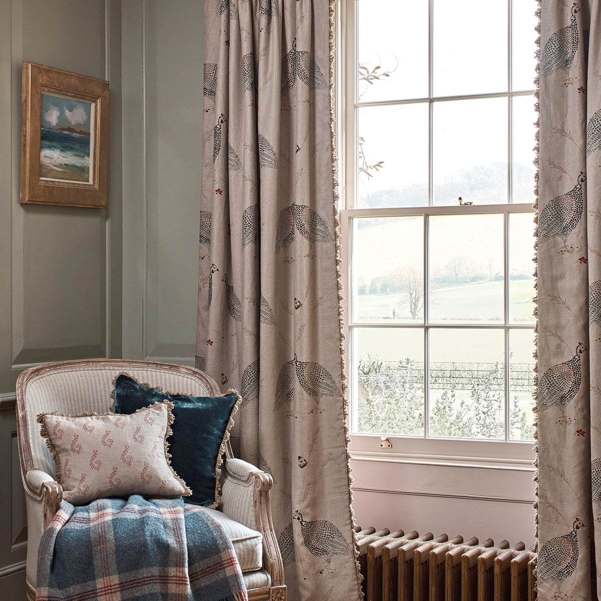 Hand-printed Teal Blue Guinea Fowl Linen – 309 | Susie Watson Designs
