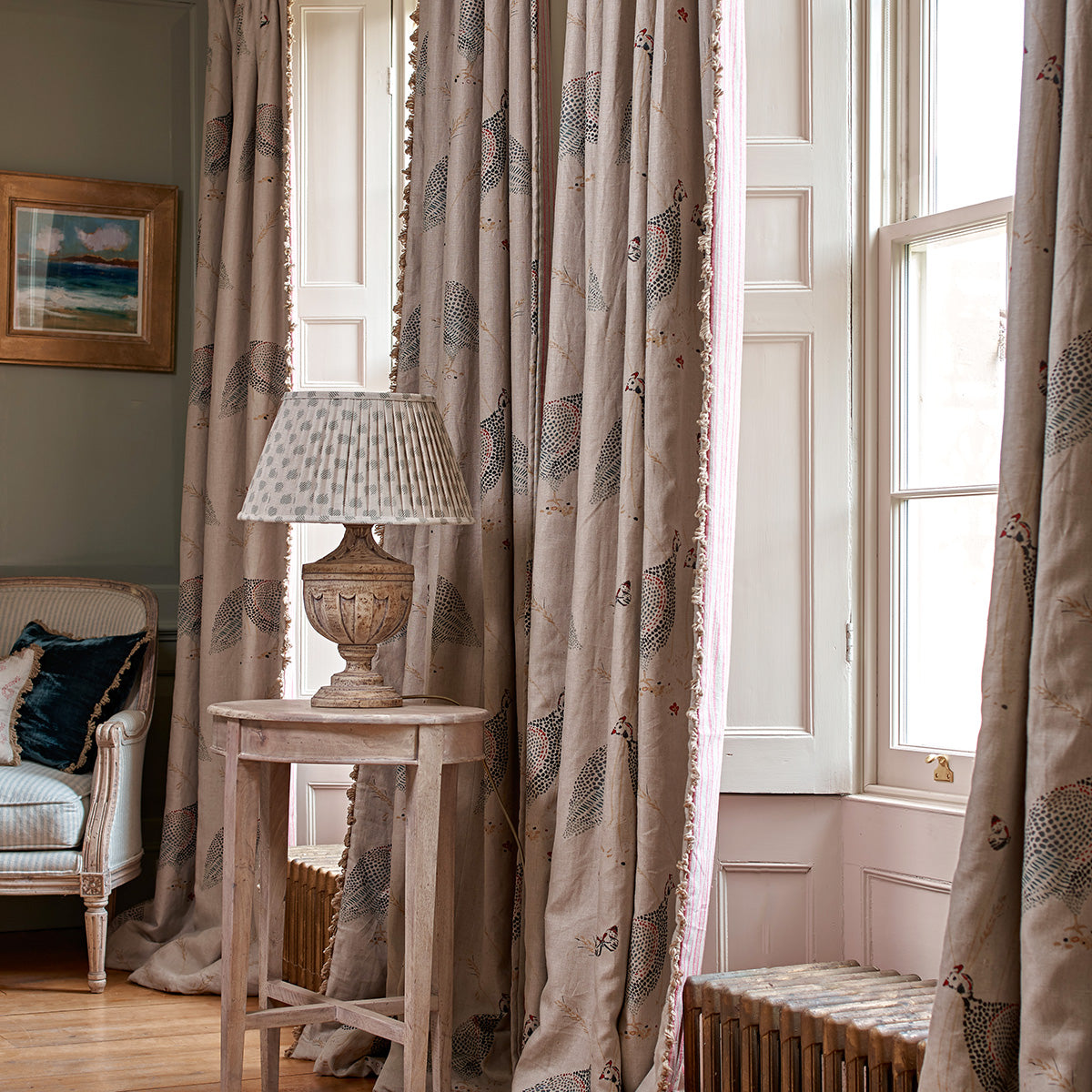 Hand-printed Teal Blue Guinea Fowl Linen – 309 | Susie Watson Designs