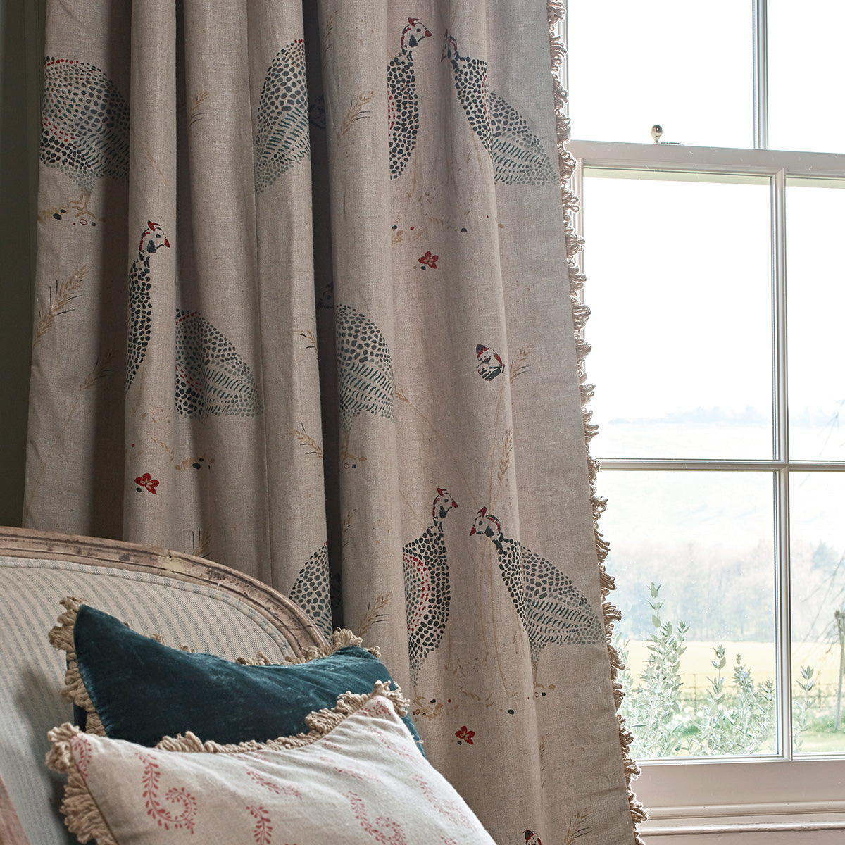 Hand-printed Teal Blue Guinea Fowl Linen – 309 | Susie Watson Designs