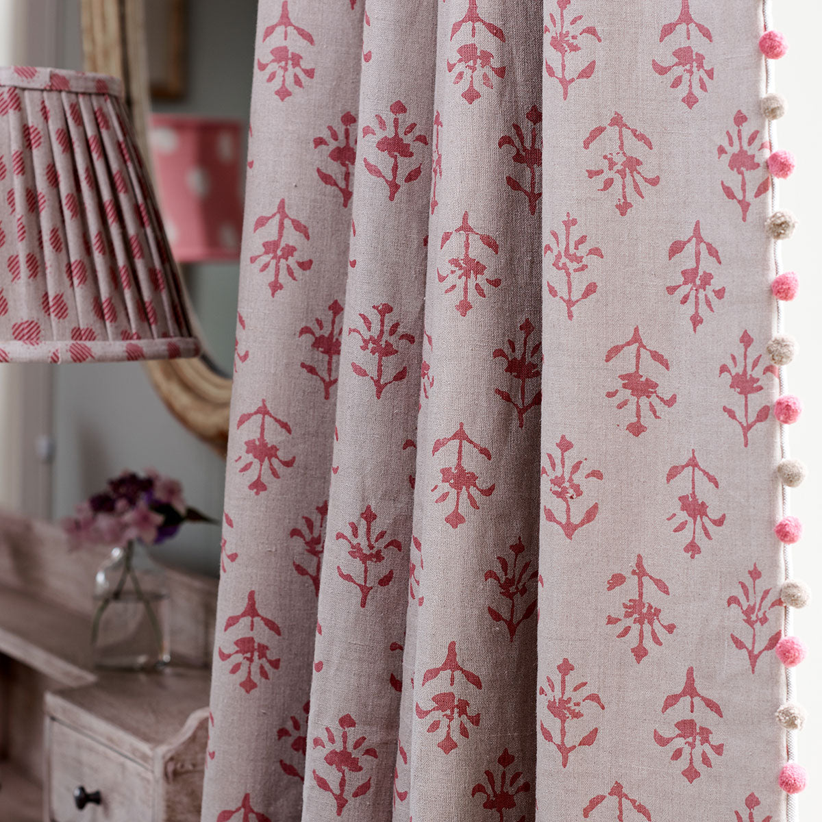 Hand-printed Indian Red Moonflower Linen – 335 | Susie Watson Designs