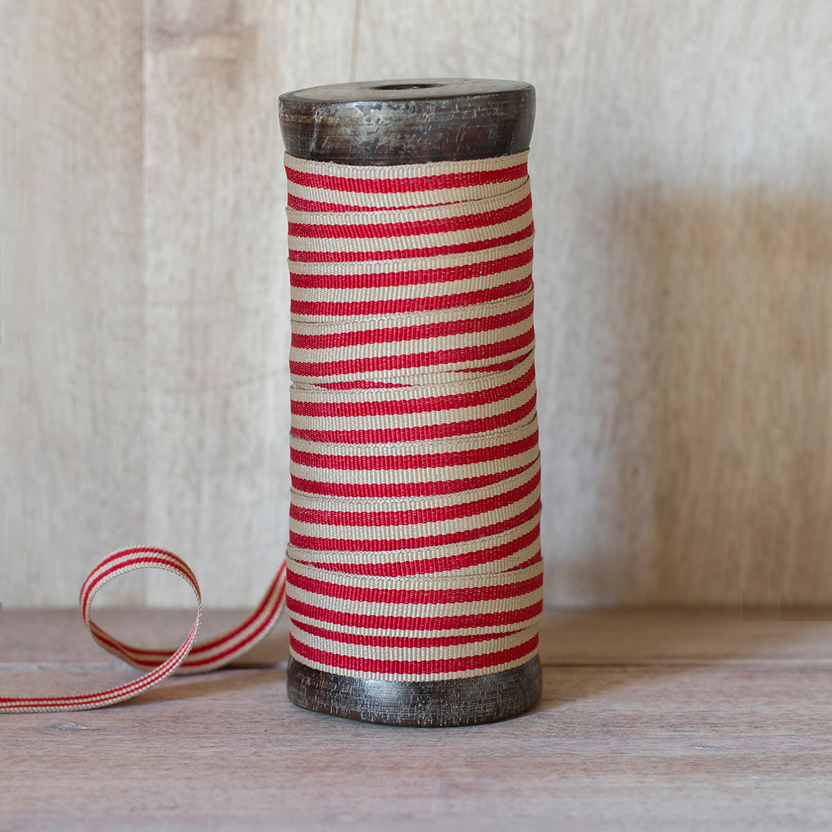 Red/Beech Stripe Cotton Ribbon - 25m Reel | Susie Watson Designs