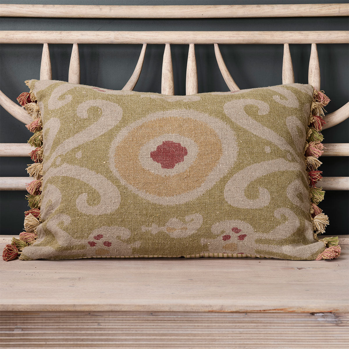 Summer Green Bukhara Rustic Linen Cushion with tassels | Susie Watson ...