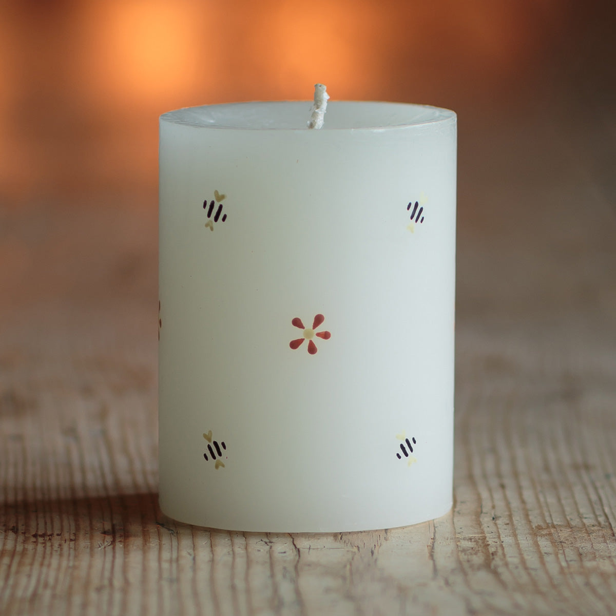 Bees & Flowers Hand-painted Scented Pillar Candle 4" | Susie Watson Designs