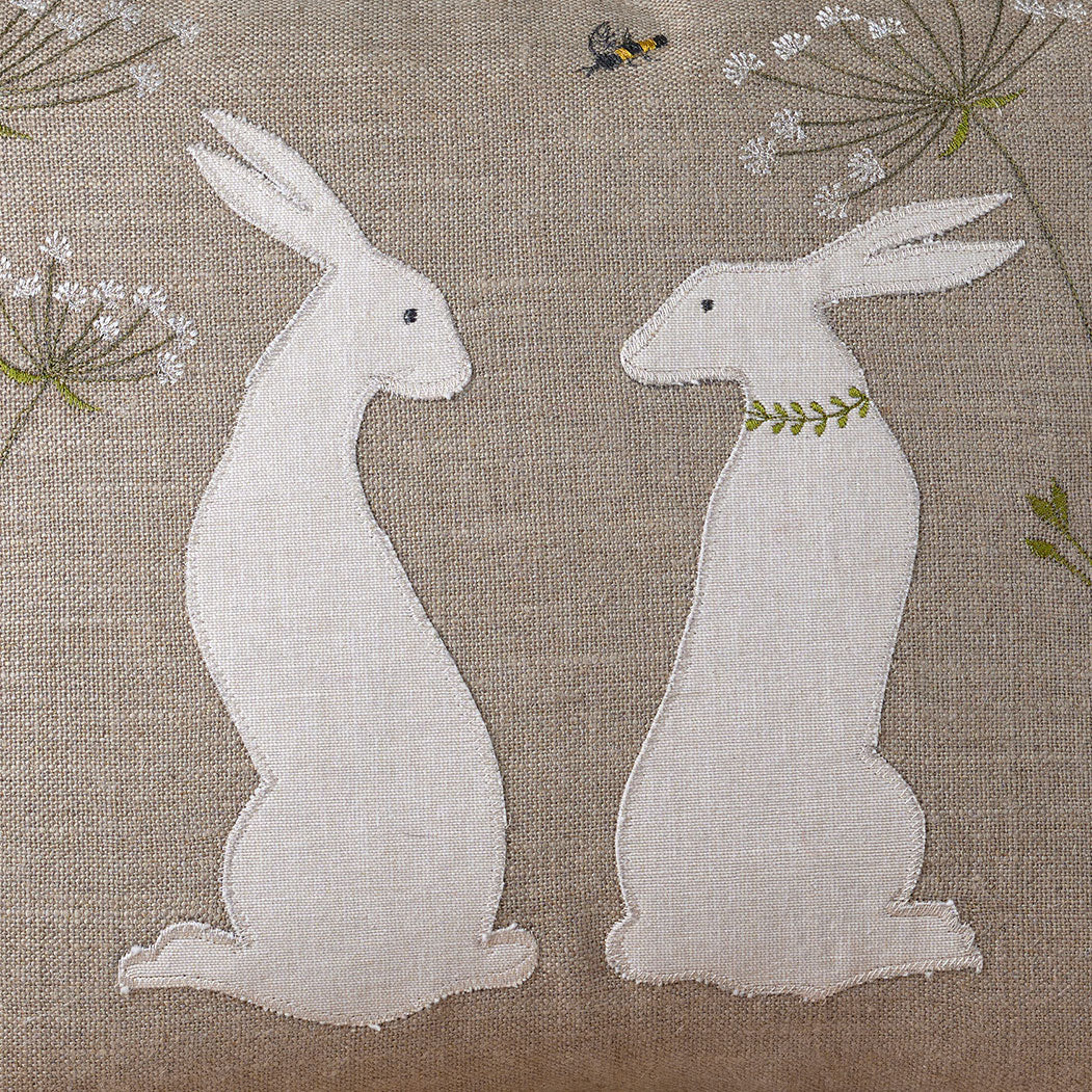 Embroidered Summer Hares Linen Cushion | Susie Watson Designs